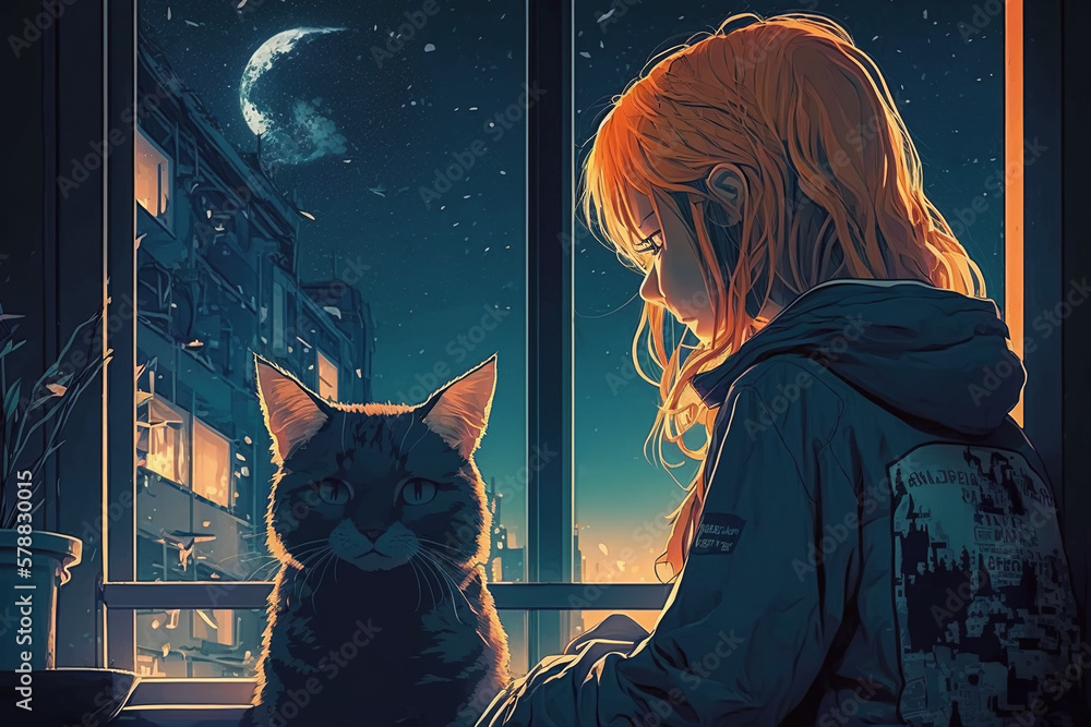 Anime girl and her cat looking at the night city. AI generated image ...