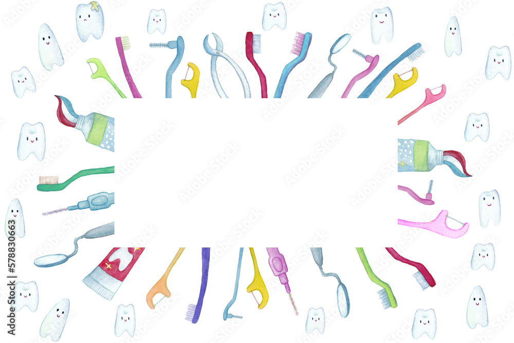 Cute cartoon tooth characters on white background with copy space for ...