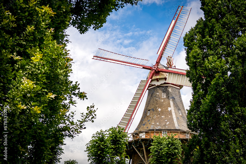 Iconic smock mill tower of Mühle am Wall stands tall with lush trees ...