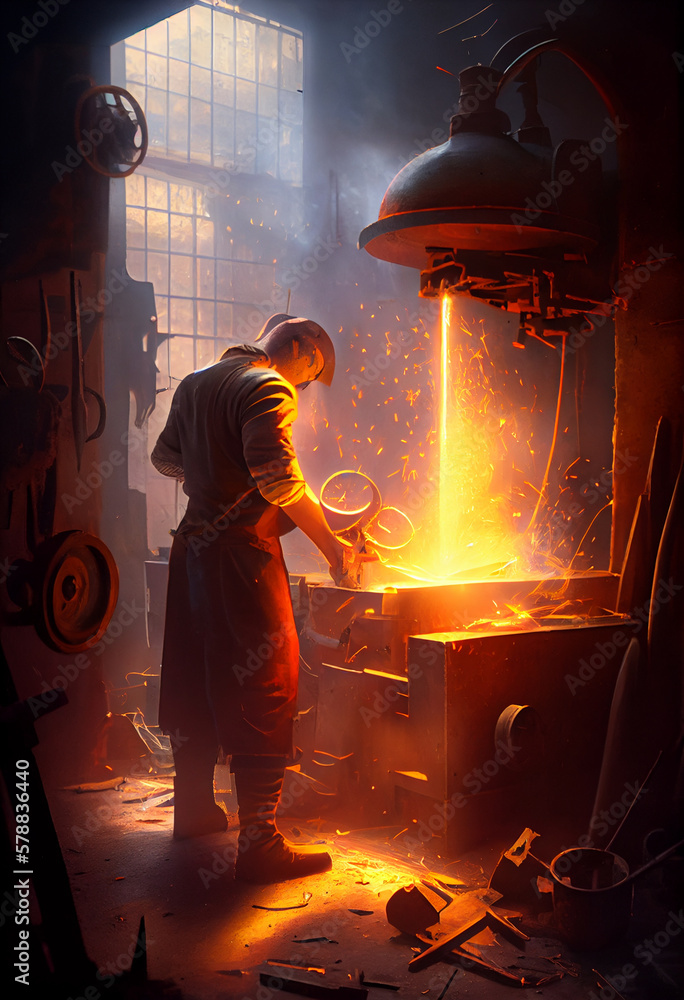 forge or workshop, with a blacksmith or metalworker creating sparks and ...