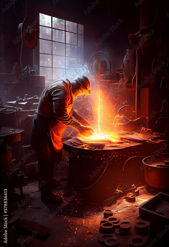 forge or workshop, with a blacksmith or metalworker creating sparks and ...