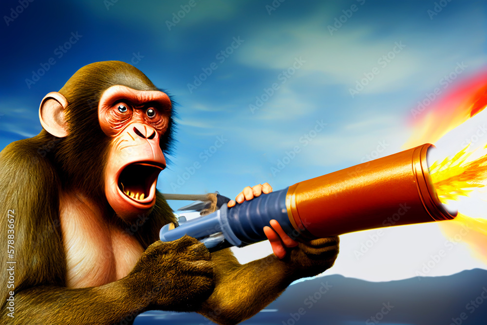 Monkey with bazooka a shots. Bazooka in hands of evil monkey. Evil and ...