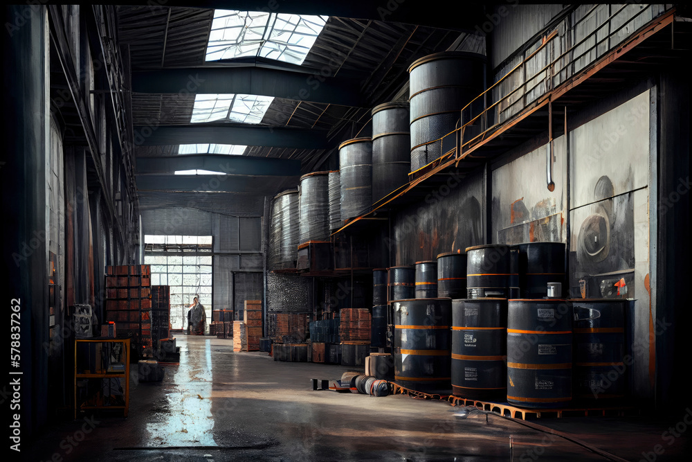 Black casks on pallets in an industrial setting, oil storage facility ...