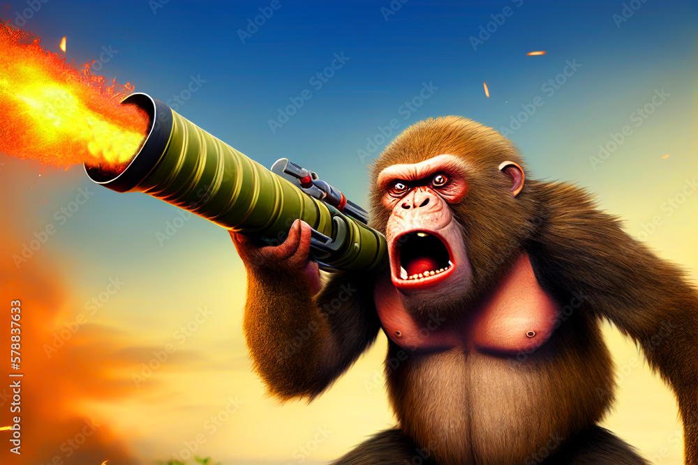 Monkey with bazooka a shots. Bazooka in hands of evil monkey. Evil and ...