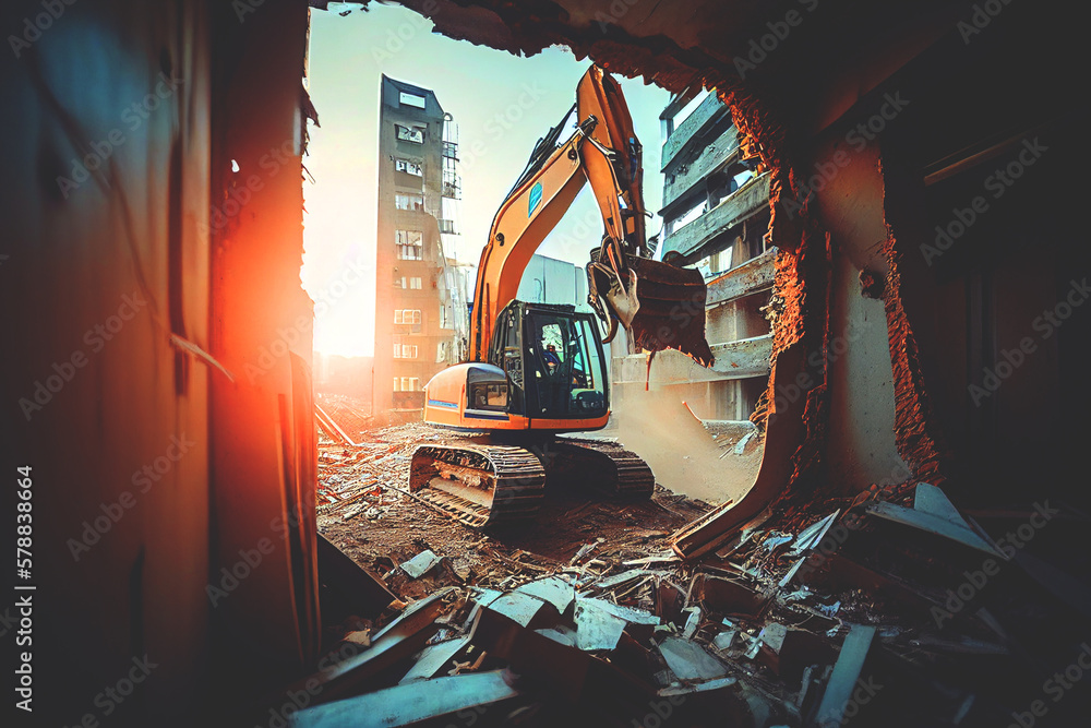 Building demolition work. Excavator on construction site. Futuristic ...