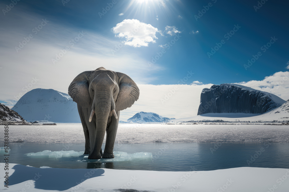 Elephant on antarctica, artctic concept art, animal in an unfamiliar ...