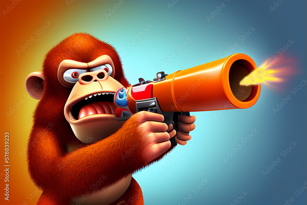 Monkey with bazooka a shots. Bazooka in hands of evil monkey. Evil and ...