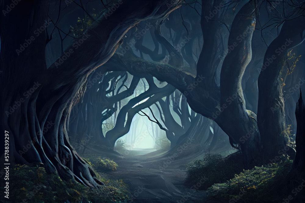 Illustrazione Stock Dreamlike woodland scenery witn ancient trees in a ...