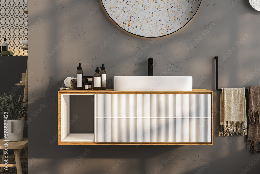 Realistic 3D render close up elegant bathroom vanity countertop with ...