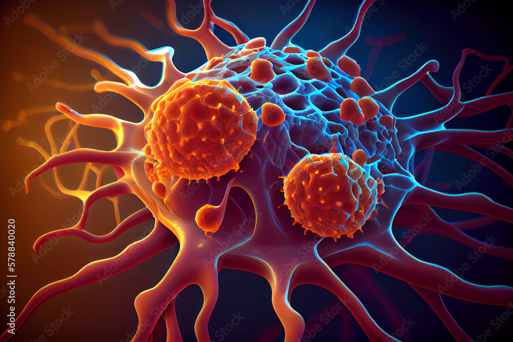 Depicting cancerous cells invading and attacking healthy brain tissue ...