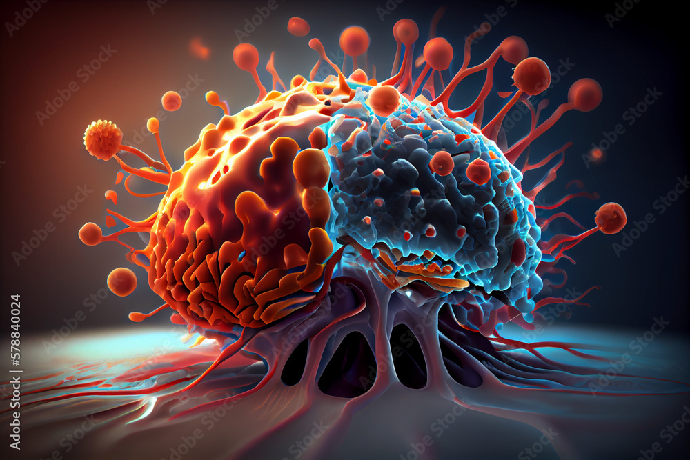 Depicting cancerous cells invading and attacking healthy brain tissue ...