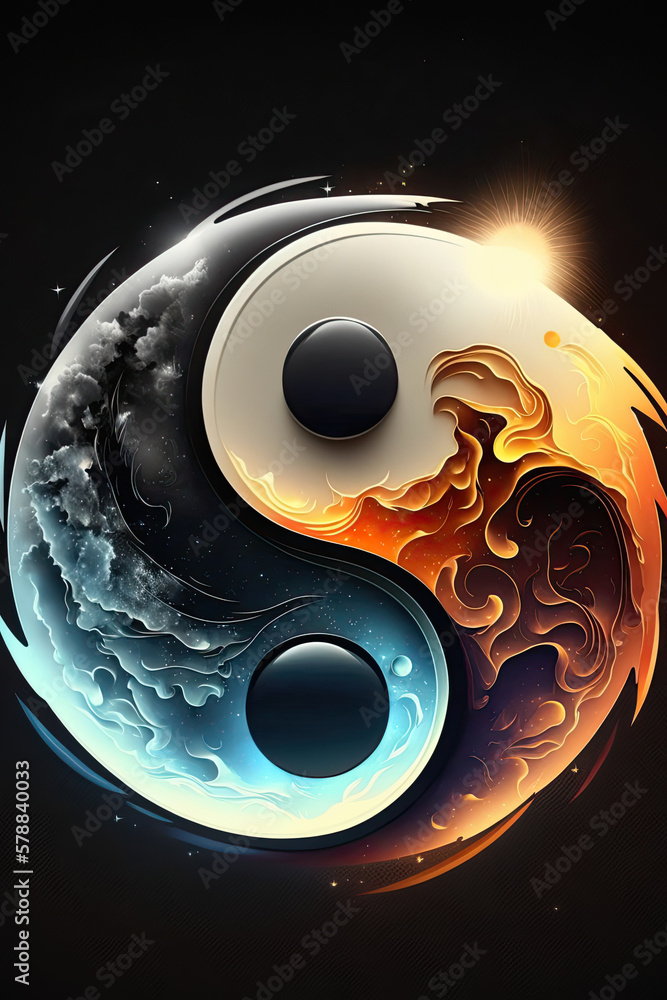 yin and yang characters with blue and orange color accents, black ...