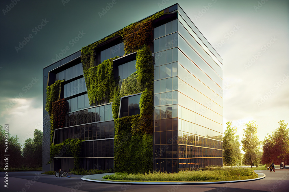 office building with a green facade, such as a living wall or vertical ...