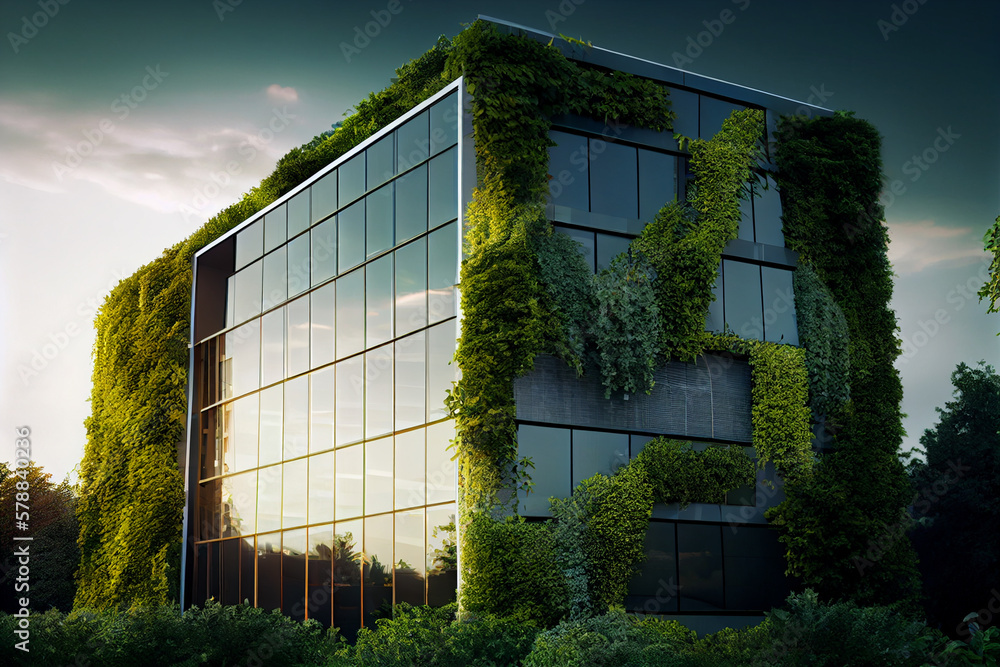 office building with a green facade, such as a living wall or vertical ...