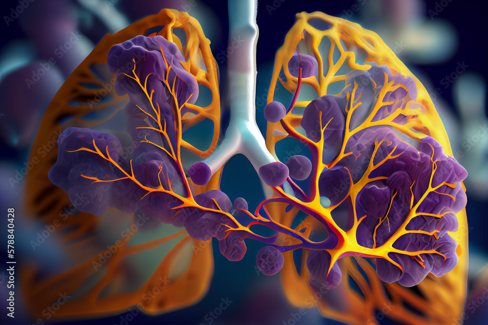 pulmonary alveoli, with detailed depictions of the alveolar sacs and ...