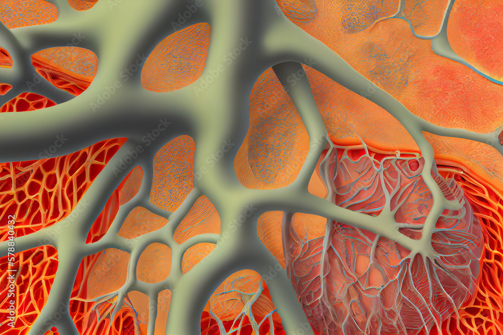 pulmonary alveoli, with detailed depictions of the alveolar sacs and ...