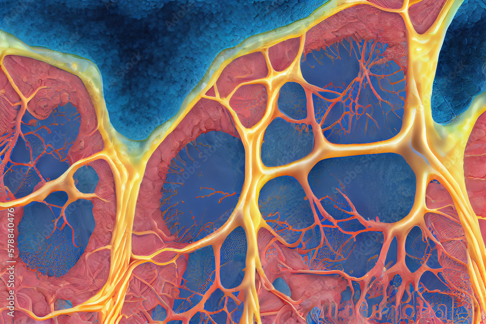 pulmonary alveoli, with detailed depictions of the alveolar sacs and ...