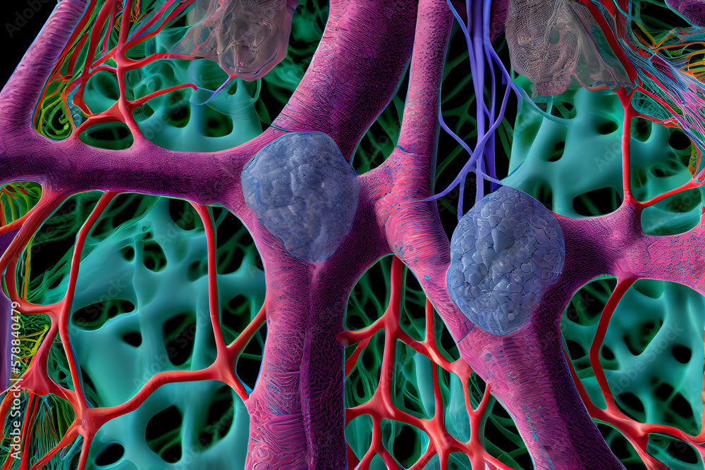 pulmonary alveoli, with detailed depictions of the alveolar sacs and ...