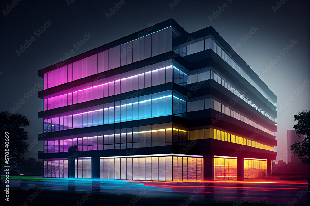 modern office building at night, with the exterior illuminated by ...