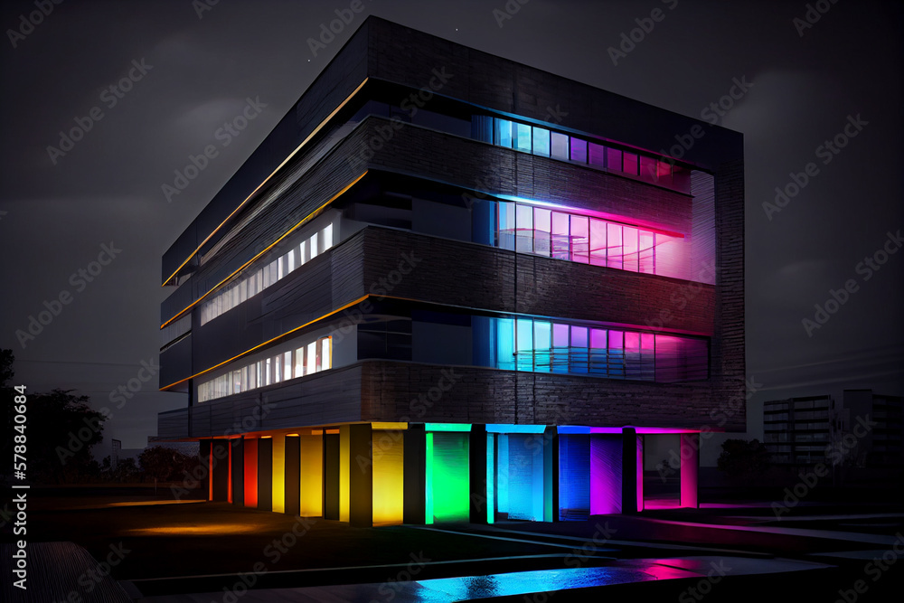 modern office building at night, with the exterior illuminated by ...