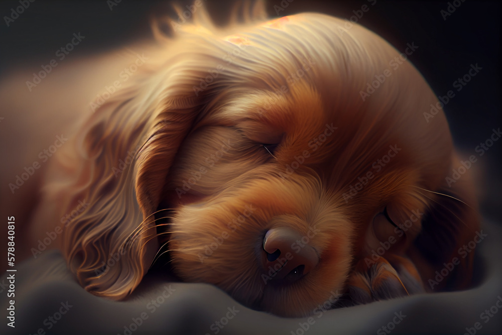 A close-up shot of a sleeping puppy, its tiny paws twitching and its ...