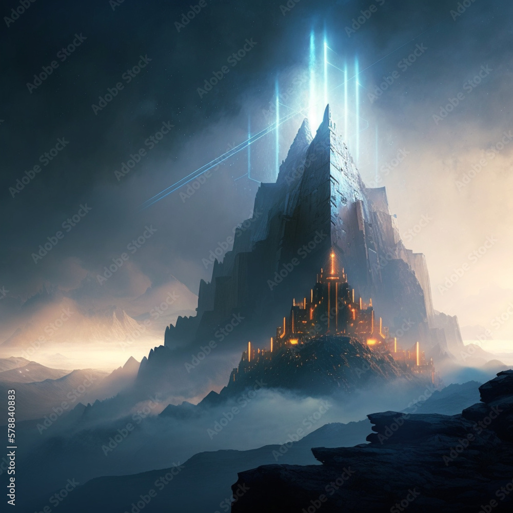Citadel on a mountain landscape with highlighted features and fog in ...