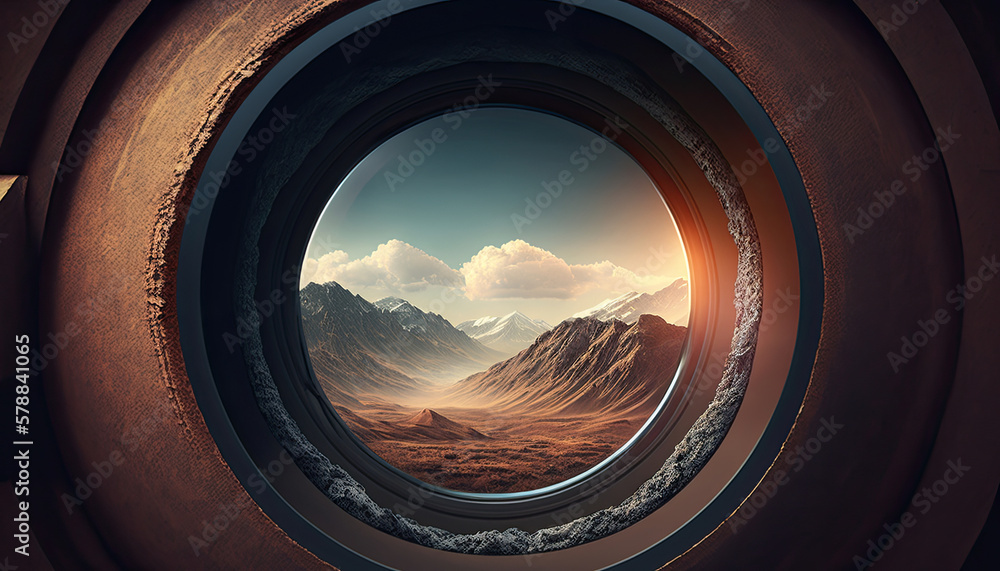 round window of a spaceship, it is landed in a rocky landscape Stock ...