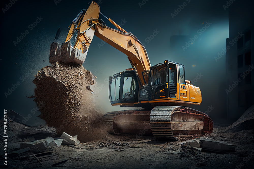 Building demolition work. Excavator on construction site. Futuristic ...