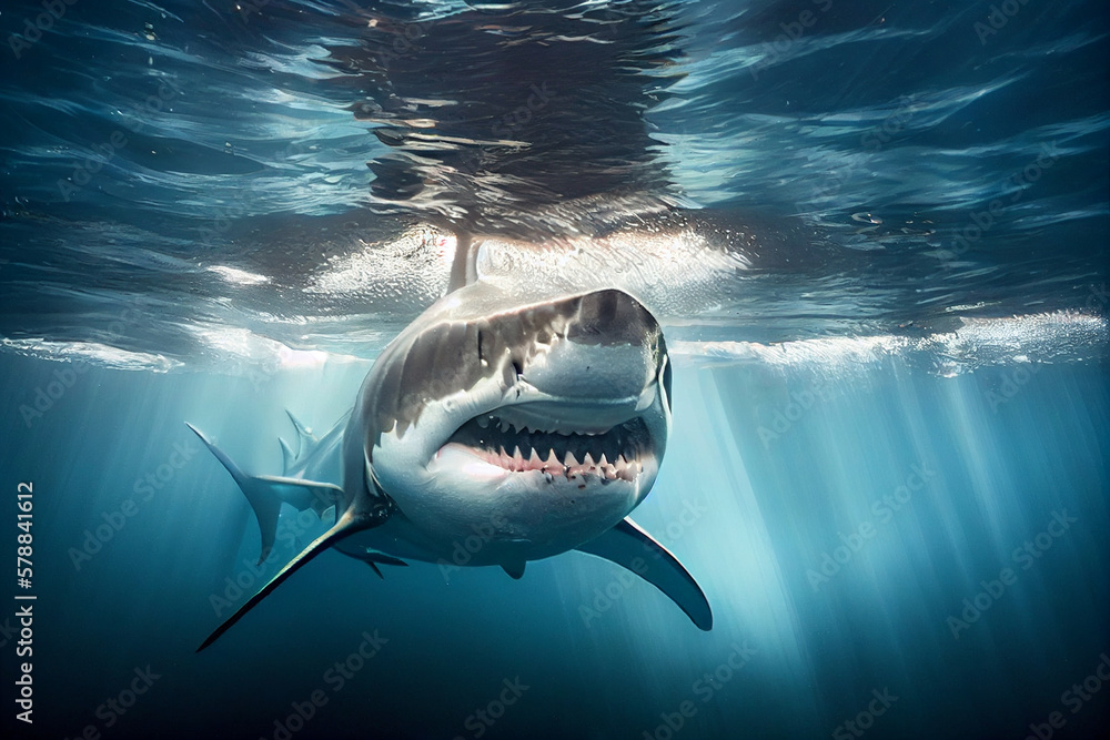 Great white shark swimming towards the camera with its jaws open. The ...