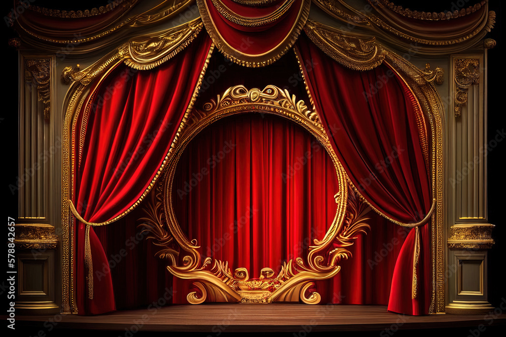 In a theater adorned with opulence, rich red curtains grace both the ...