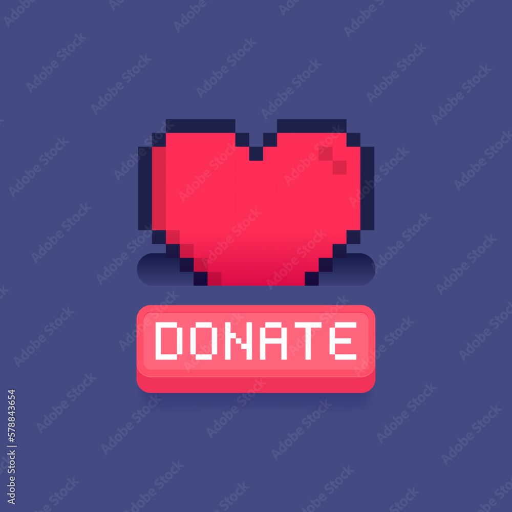 Donation and charity design concept. 8 bit pixel heart with button for ...