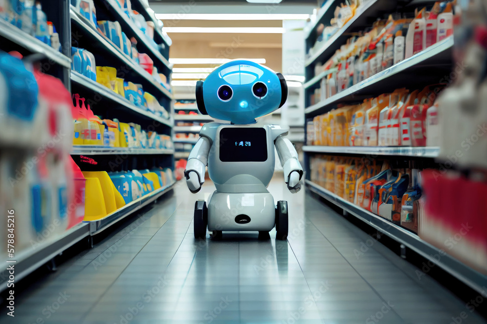 A retail robotic assistant uses navigation technology to walk around a ...