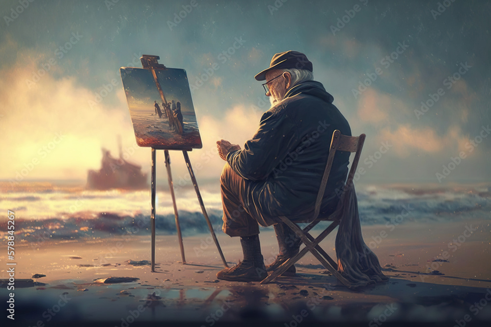 The importance of hobbies and interests in old age. Senior man drawing ...