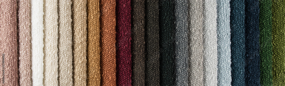 Bright collection of gunny textile samples. Set of fabric swatch ...