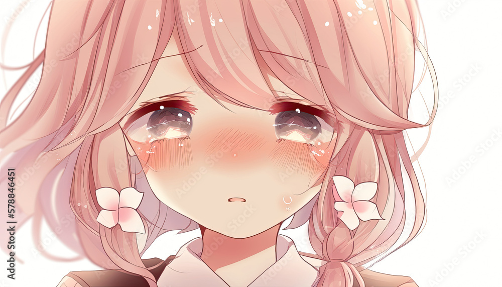 anime girl with pink hair crying, sad Stock イラスト | Adobe Stock