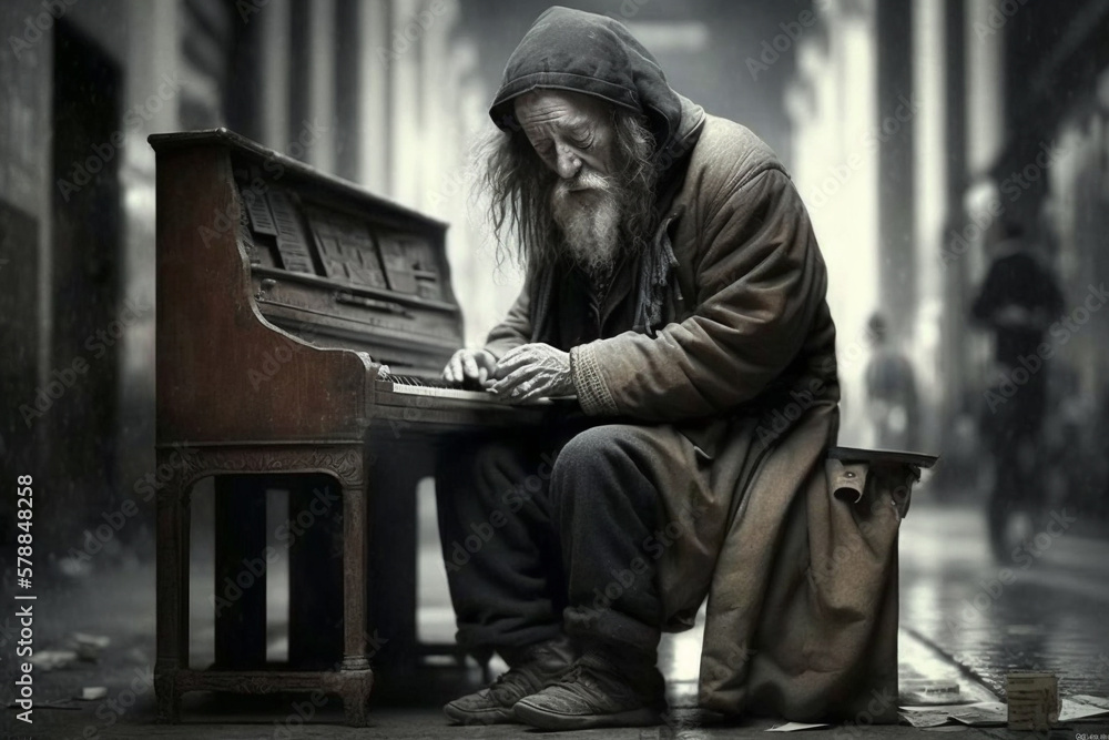 Blind destitute old dirty beggar with beard playing the piano. Homeless ...