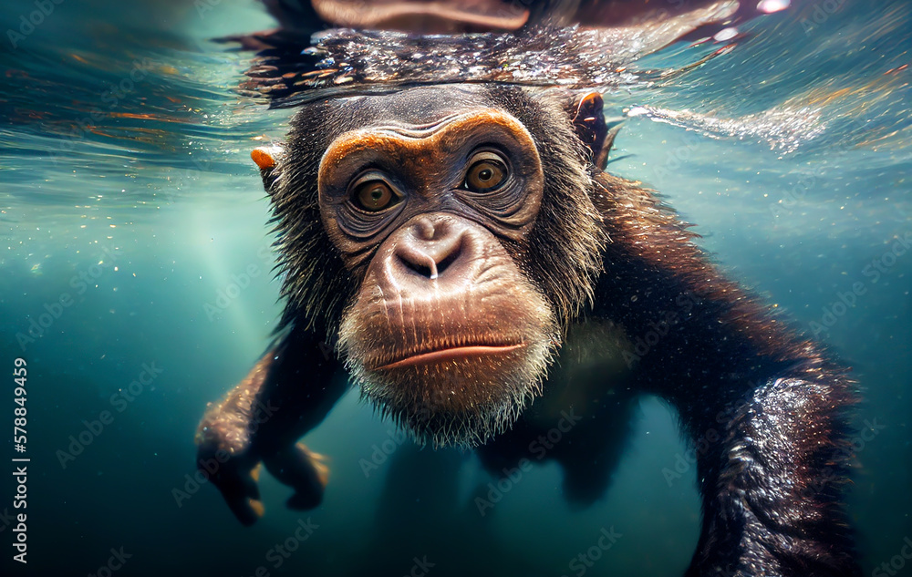 Monkey swims underwater in turquoise sea. Monkey hunting for fish in ...