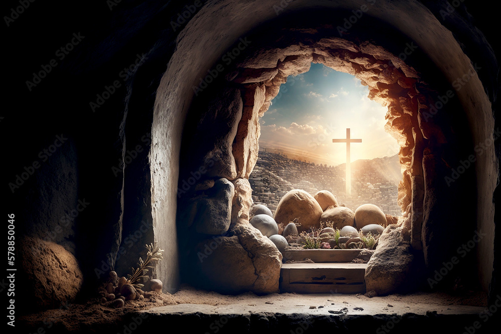 empty tomb of Jesus Christ at sunrise resurrection Stock Illustration ...