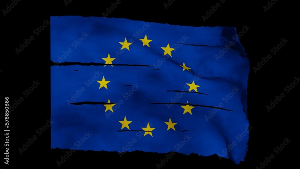 Torn, damaged, unattached flag of the European Union with transparent ...