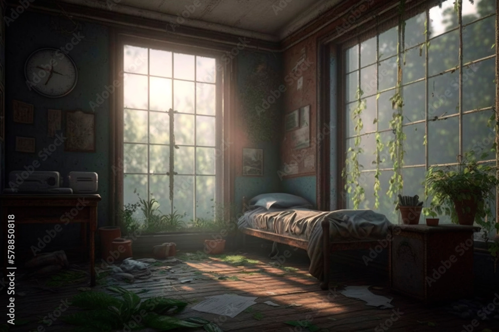 Abandoned room. Generative AI. Old, dusty, untidy bedroom with large ...