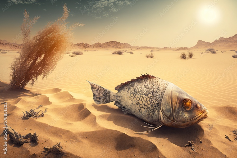 fish lie in the desert under the scorching sun, concept of Scarcity and ...