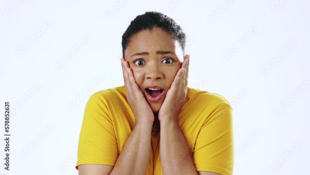 Face, black woman and surprise with shock, wow and anxiety with lady ...