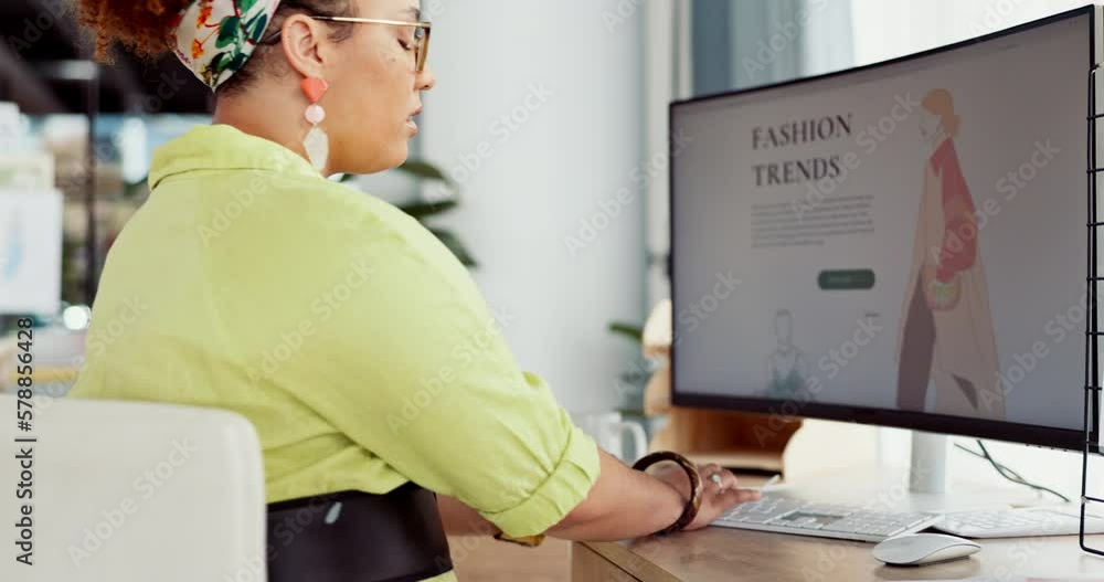 Back, black woman and designer with computer, fashion and focus for ...