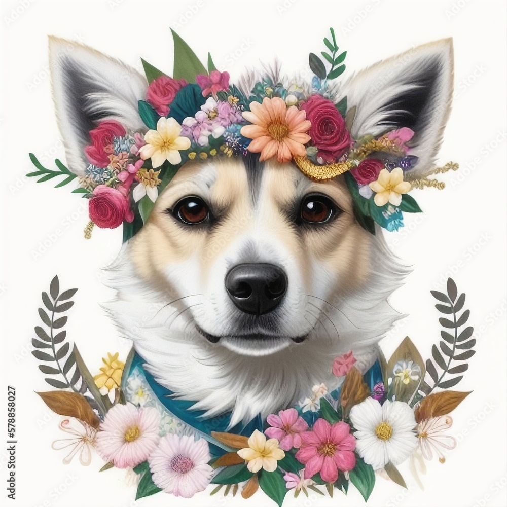 a cute little dog with a flower crown on its head and a blue collar ...