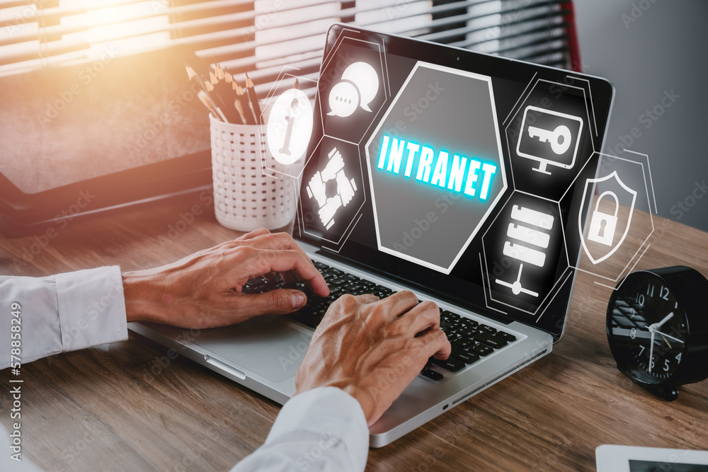 Intranet concept, Business person working on laptop computer with ...