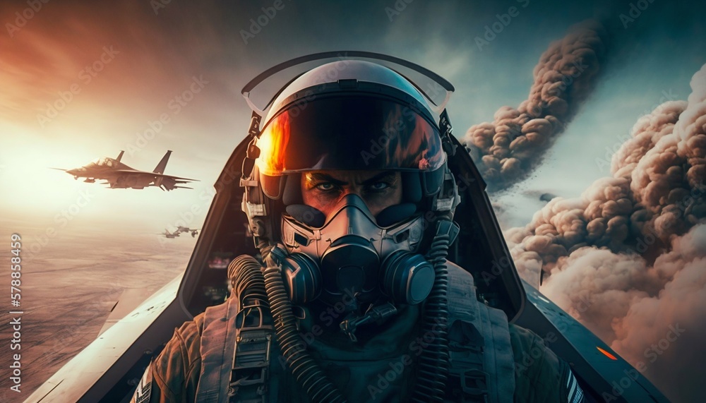 Pilot soldier in helmet in cockpit fighter plane, war. Generative AI ...