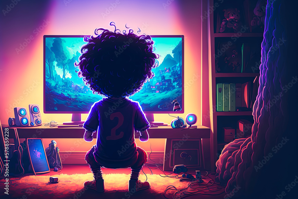 Cute cartoon boy character with curly hair playing video games in his ...