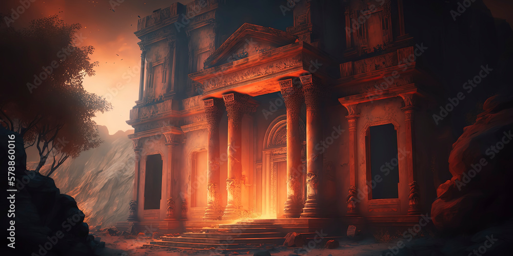 Temple of the Oracle inside the red orange granite canyon, fusion of ...