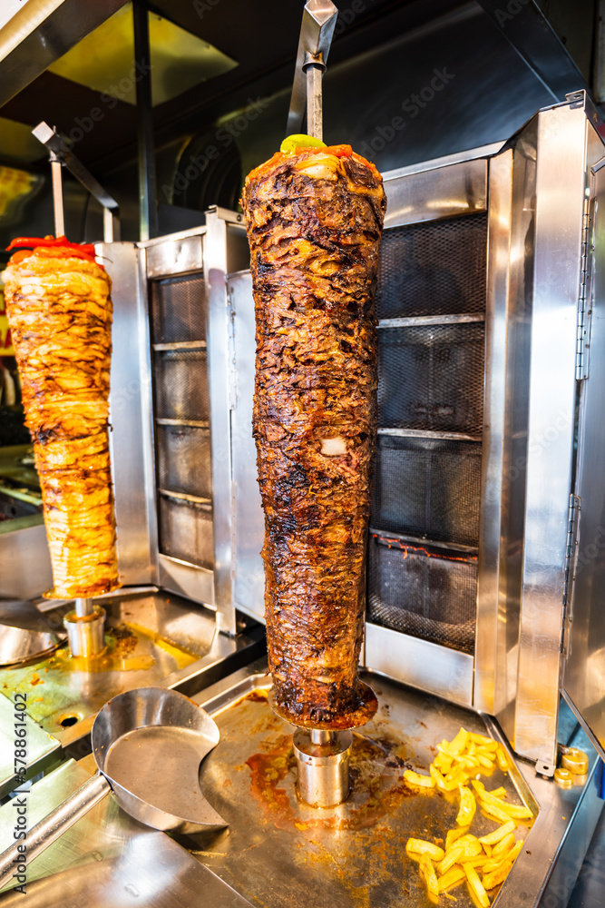 Traditional turkish foods, chicken doner and beef doner kebab in ...