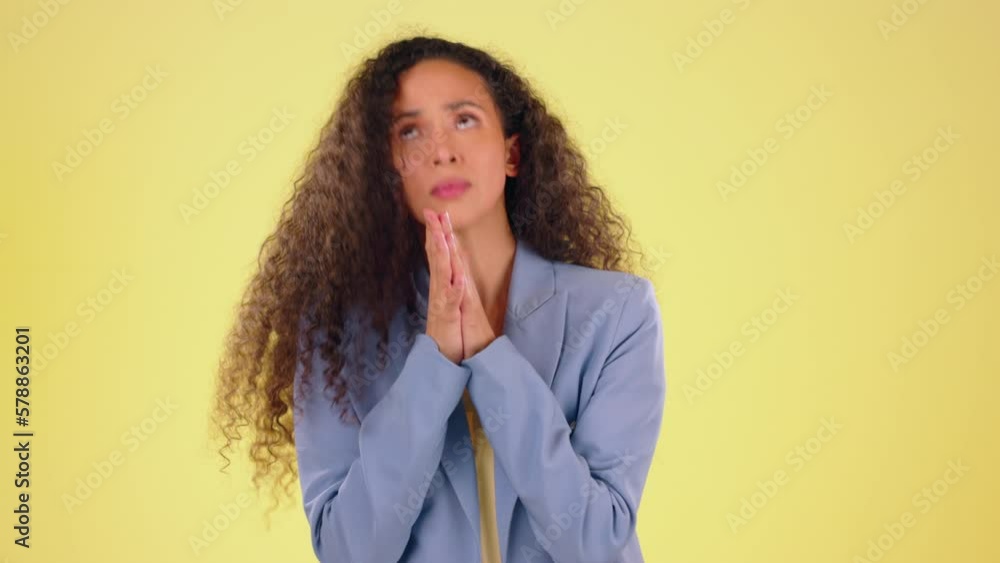 Anxiety, stress and worried face of black woman on yellow background ...
